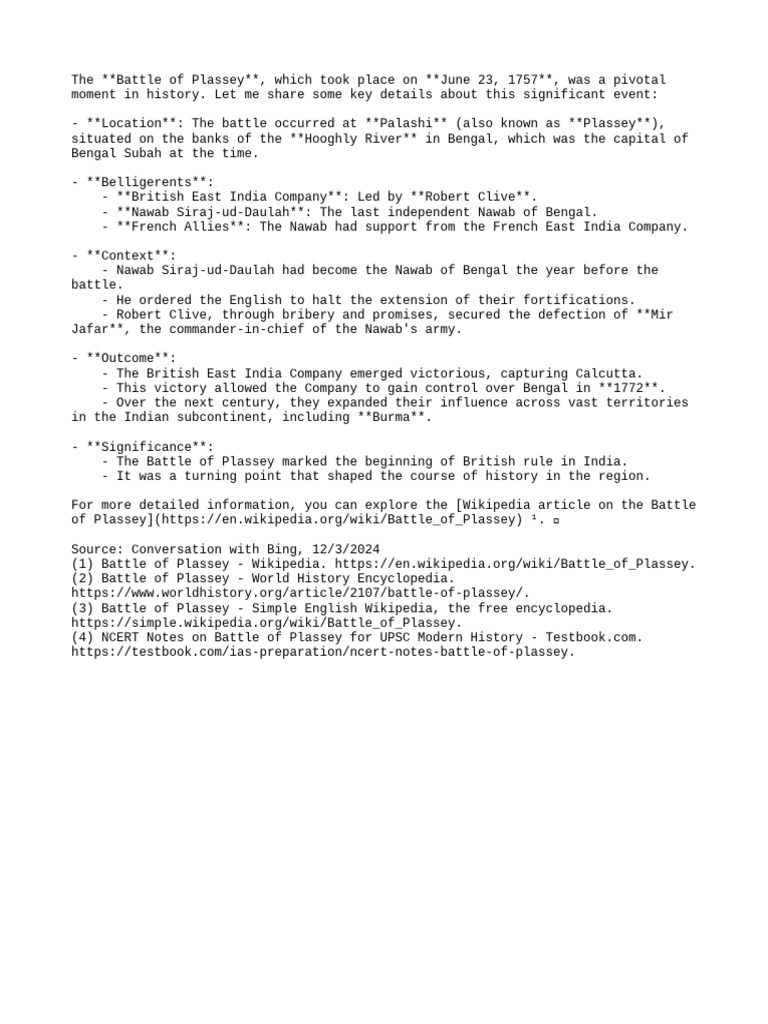 Key Details of the Battle of Plassey | PDF