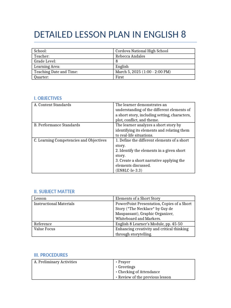 Detailed Lesson Plan Portrait Format | PDF | Lesson Plan | Learning