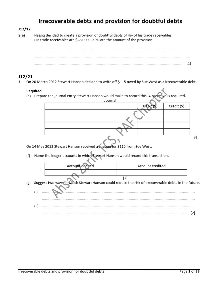 Irrecoverable debts and provision for doubtful debts-FULL WORKSHEET ...