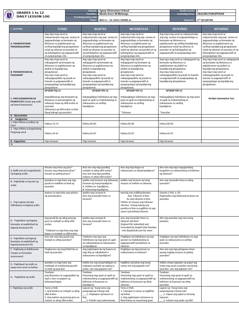 DLL_ARALING PANLIPUNAN 1_Q4_W6 | PDF