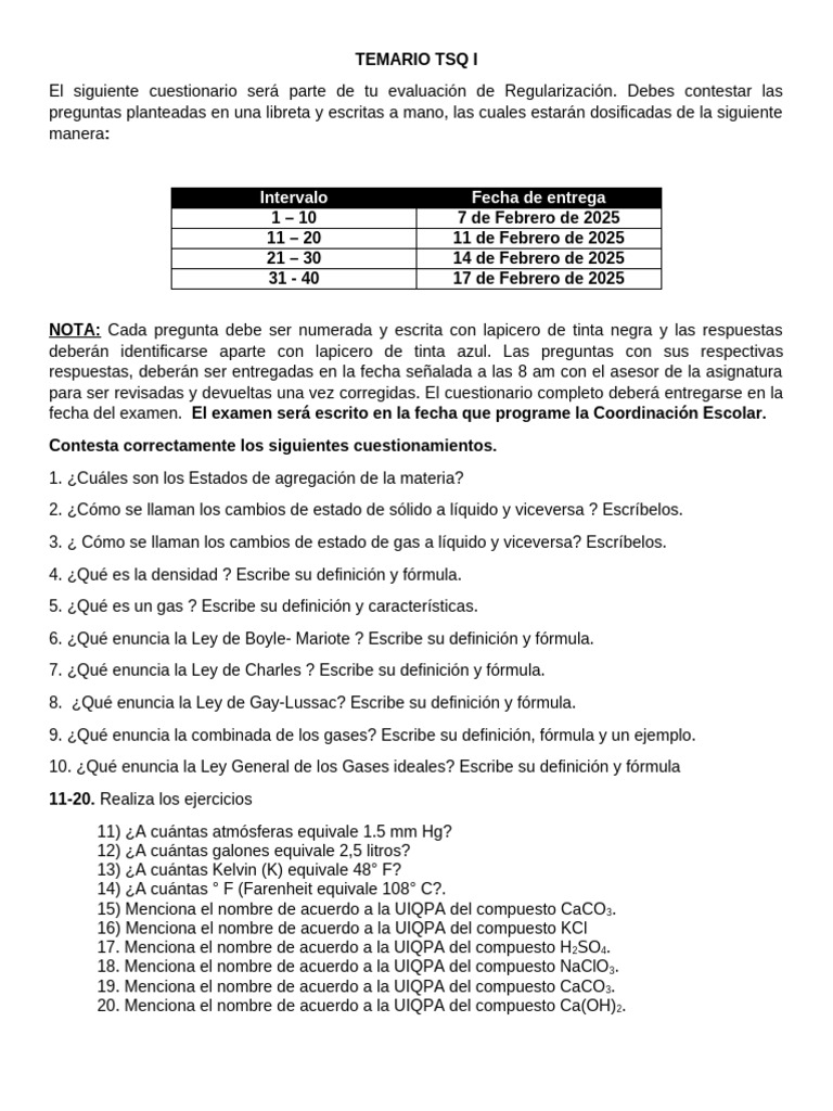 Cuestionario Química TSQ I 2025 | PDF | Ácido clorhídrico | Ph