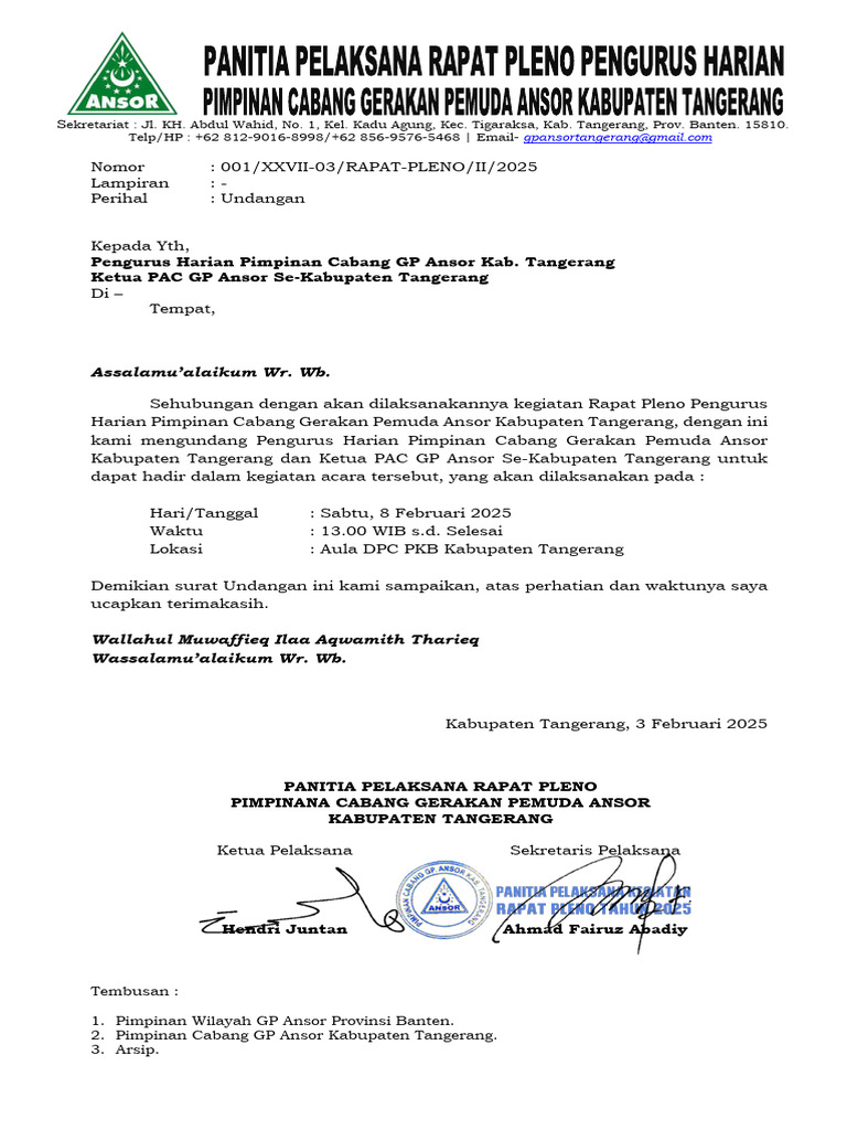 Undangan Rapat Pleno GP Ansor Tangerang | PDF
