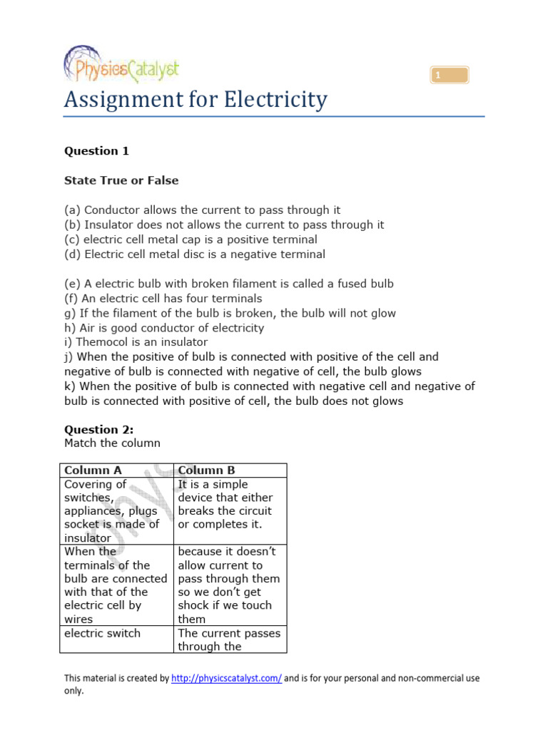 Assignment Class6 Electricity 1 | PDF | Electrical Connector ...