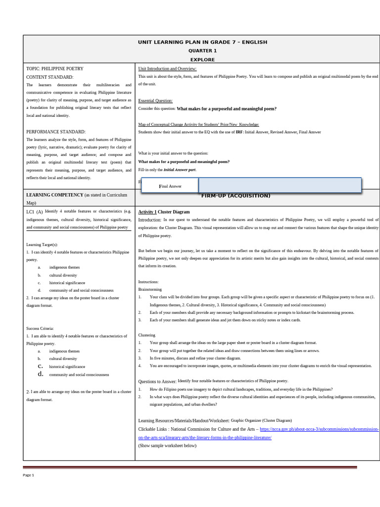 Sample Learning Plan in English 7 Quarter 1 | PDF | Poetry | Narrative