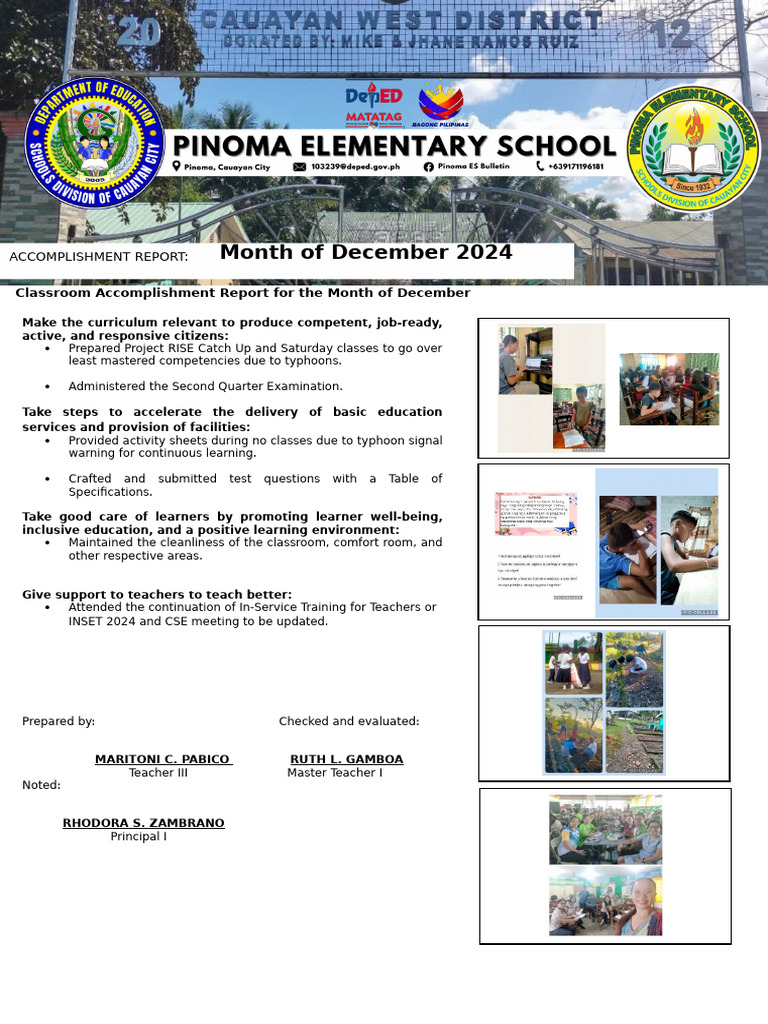 Accomplishment Report December 2024 Grade VI-Pine | PDF