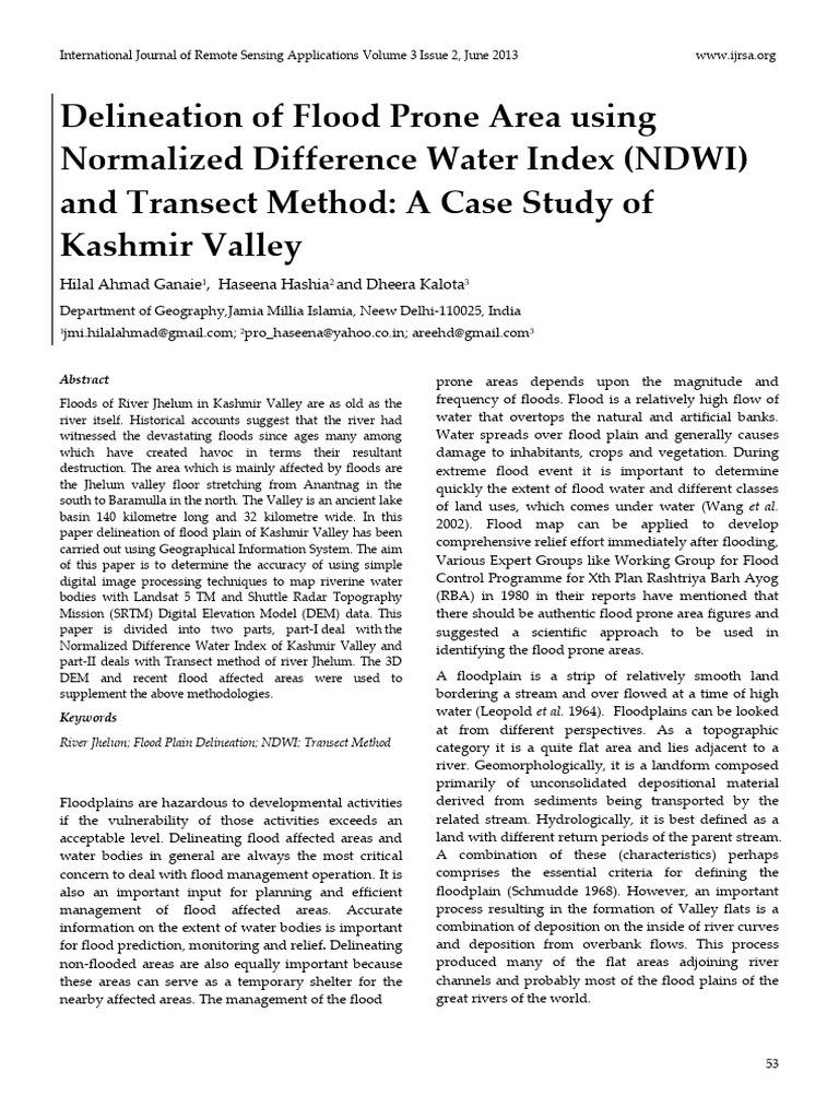 2013 - Delineation of Flood Prone Area Using NDWI and Transect Method-Kashmir Valley ...
