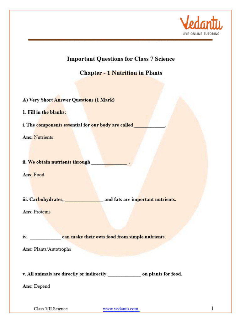 Important Questions For Class 7 Science Chapter 1 Nutrition in Plants ...