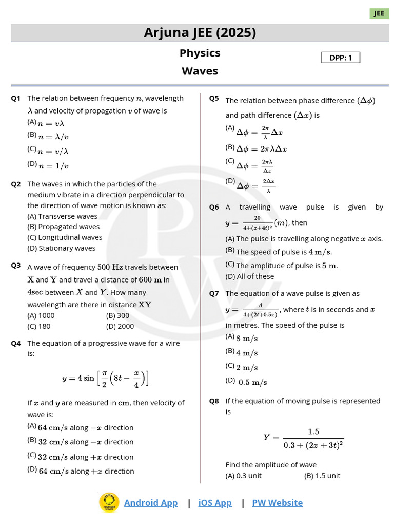 Waves - DPP 01 (Extra DPP) - Arjuna JEE 2025 | PDF | Waves | Physics