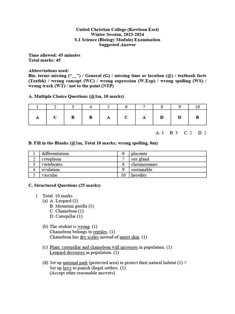 2324_Bio_S1_WS_UT_Answer | PDF | Menstrual Cycle | Human Reproduction