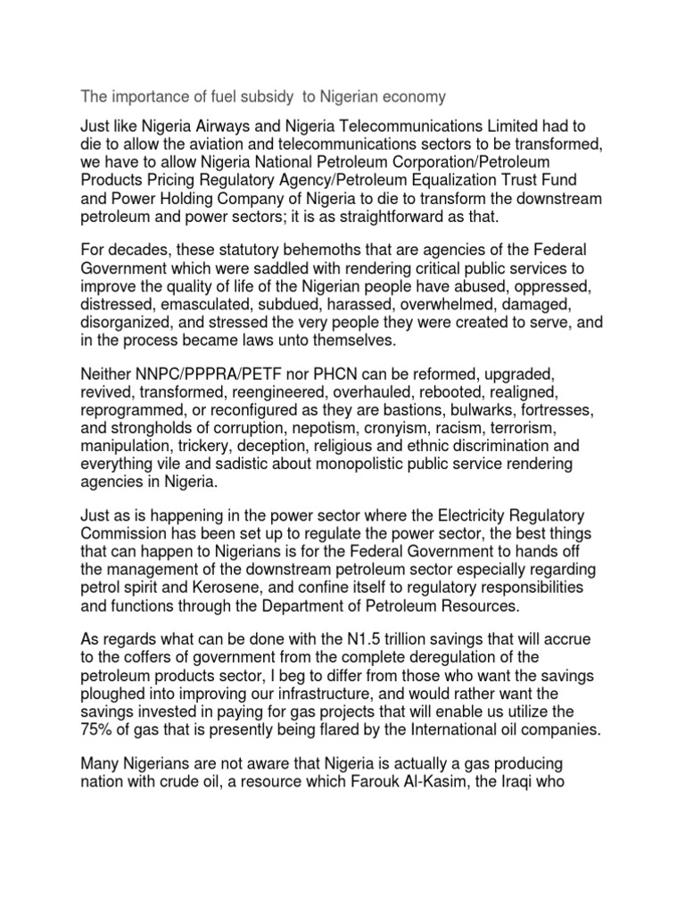 The Importance of Fuel Subsidy To Nigerian Economy | PDF | Nigeria | Subsidy