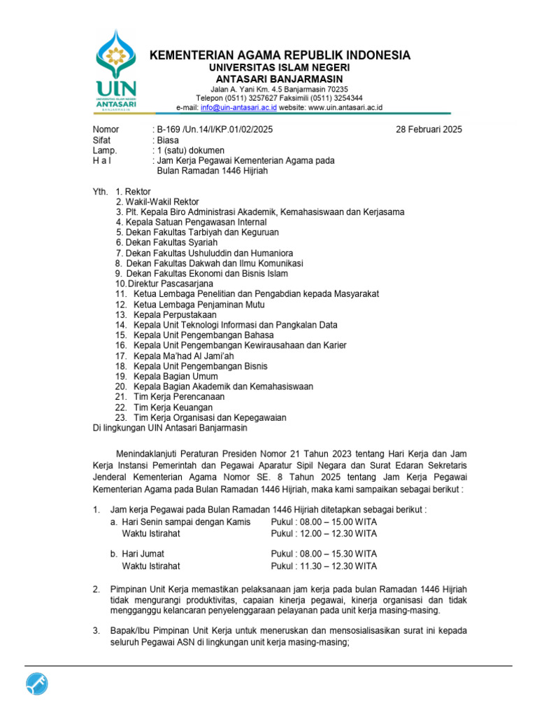 SE Jam Kerja Pegawai Pada Bulan Ramadhan | PDF