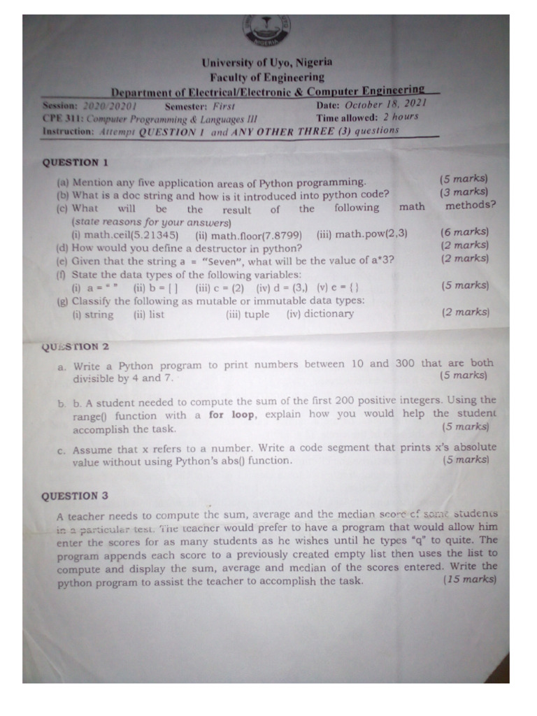 CPE 311 Past Question | PDF