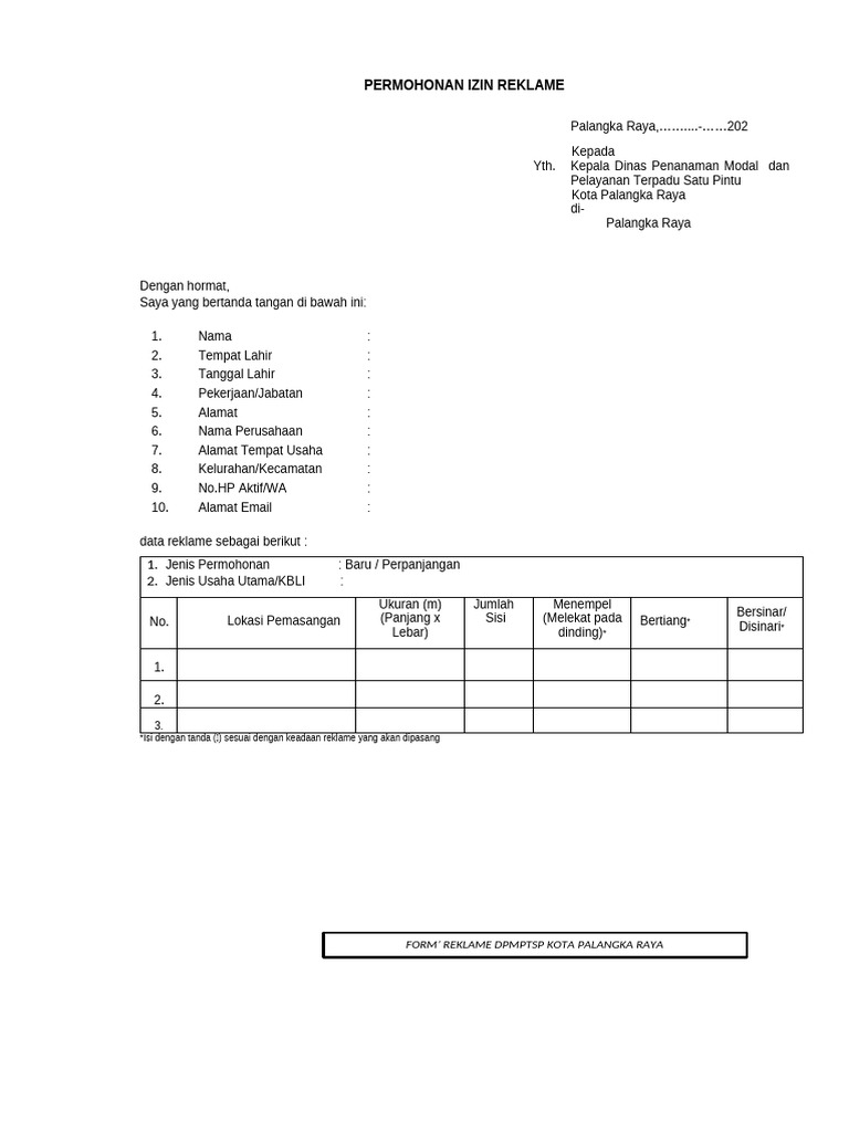 Formulir Izin Reklame | PDF