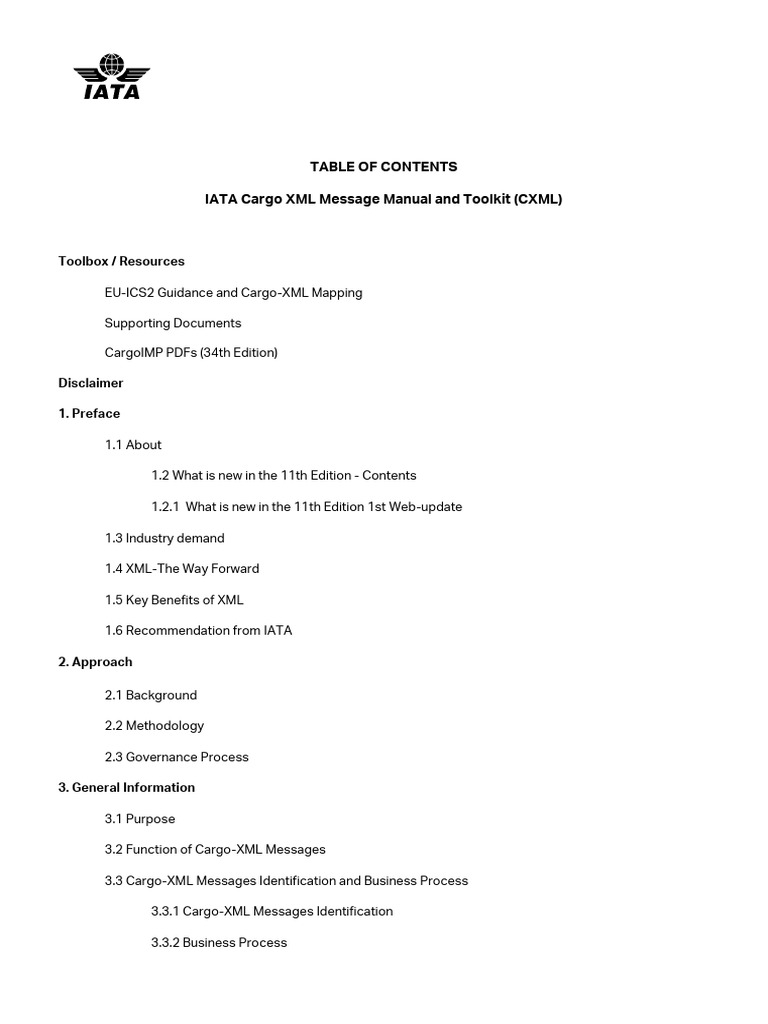 Table of Content - Cargo XML Message Manual and Toolkit (CXML) | PDF | Cargo | Customs