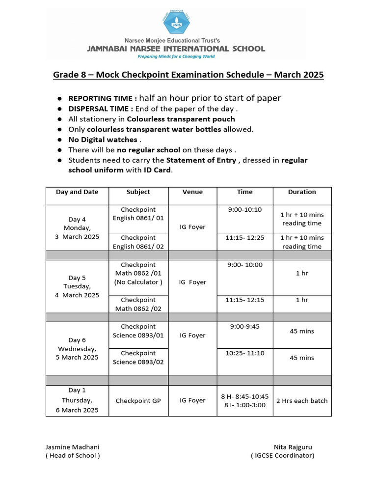 GRADE 8 MOCK CHECKPOINT EXAM TIMETABLE March 2025 | PDF