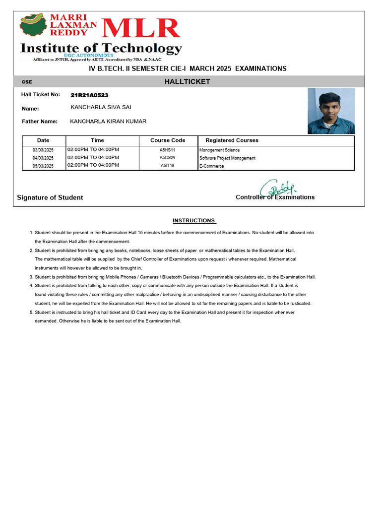 Exam Hall Ticket Guidelines | PDF