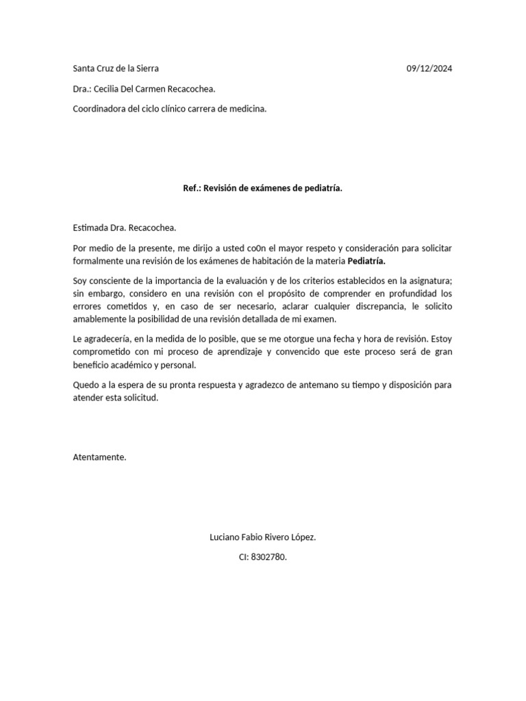 Carta de Solicitud de Revision de Examen. | PDF