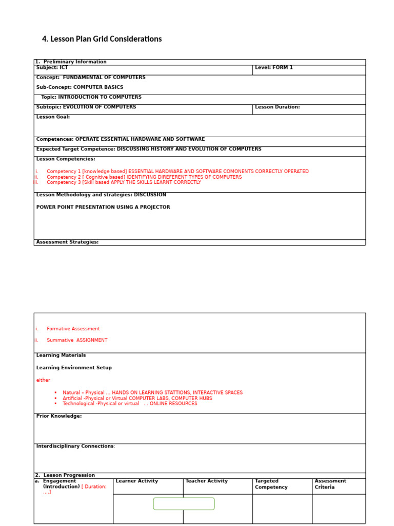 4. Lesson Plan Grid Considerations | PDF