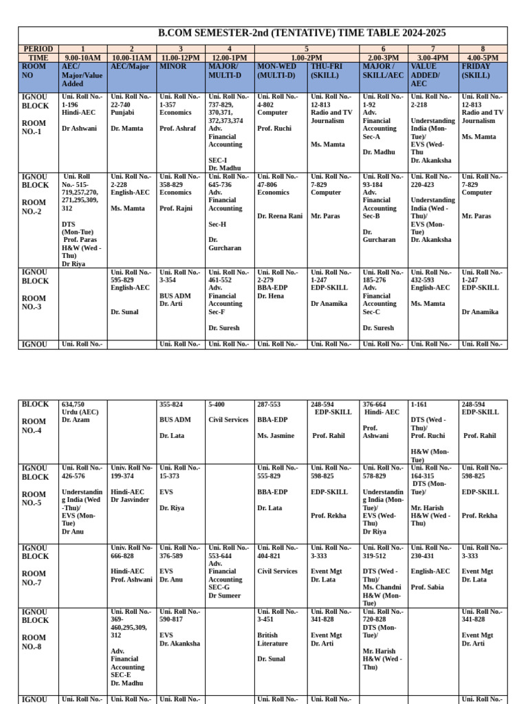 Timetable Bcom 2nd Tentative - Copy-1 | PDF