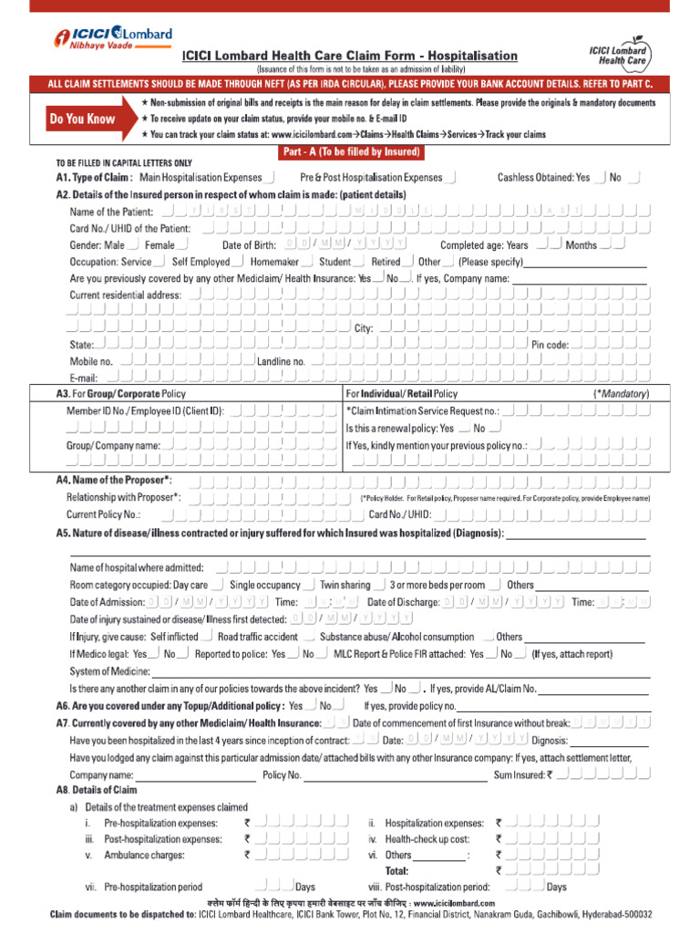 ICICI Pre-Post or OPD Form | PDF