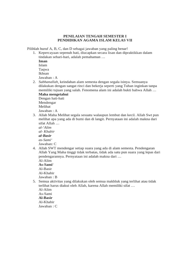 Soal PTS PG PAI Kelas VII 2021 | PDF