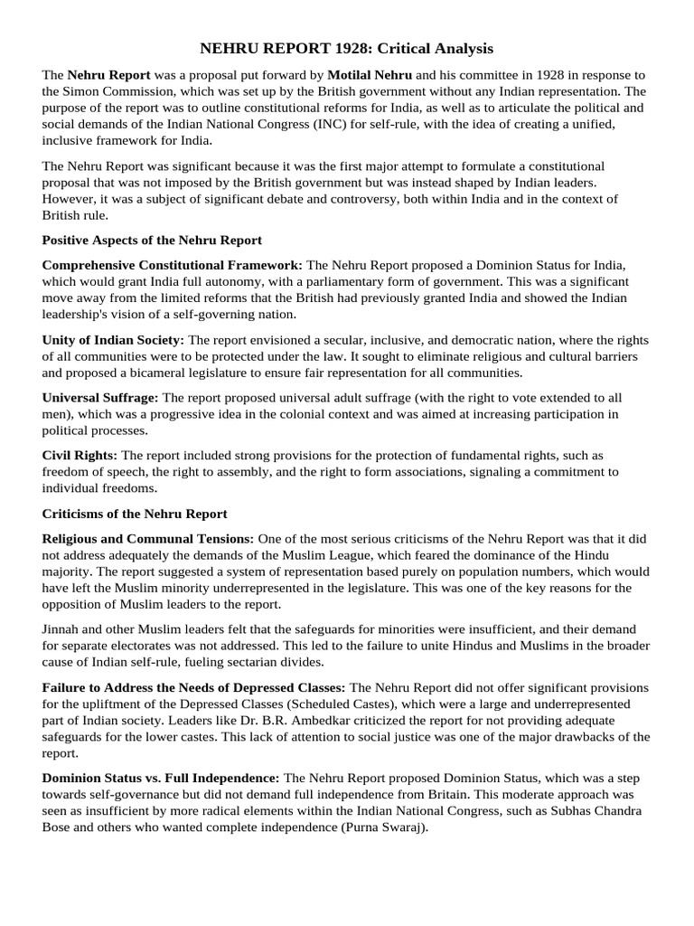 NEHRU REPORT 1928 Critical Analysis | PDF | British Raj | All India ...