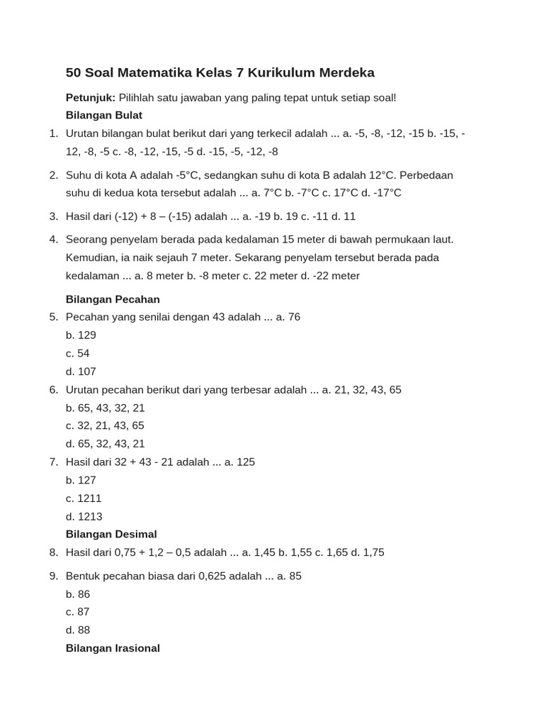50 Soal Matematika Kelas 7 Kurikulum Merdeka | PDF