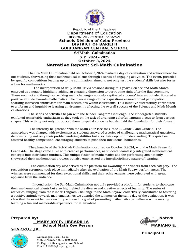 Narrative Report Scimath | PDF | Mathematics | Behavior Modification