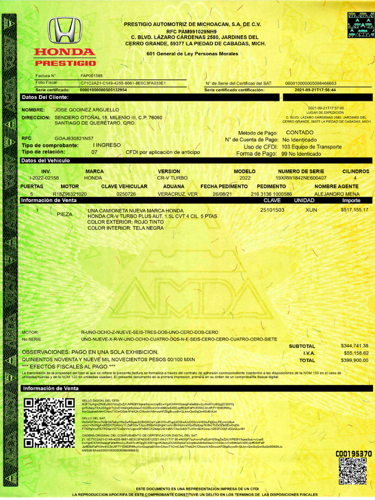 Factura Honda CRV 2022 | PDF