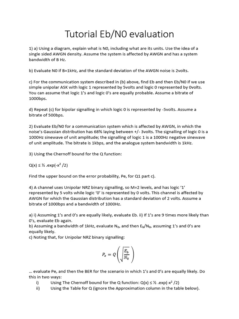 Tutorial Eb-N0 Evaluation With Answers | PDF | Telecommunications ...
