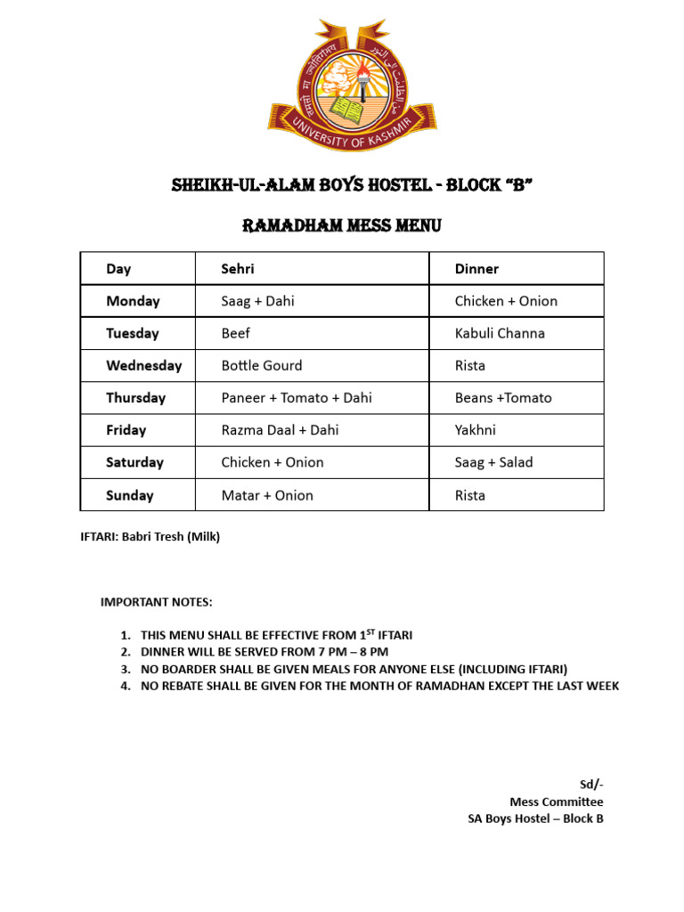 Ramadan Mess Menu for Sheikh-ul-AlAm | PDF