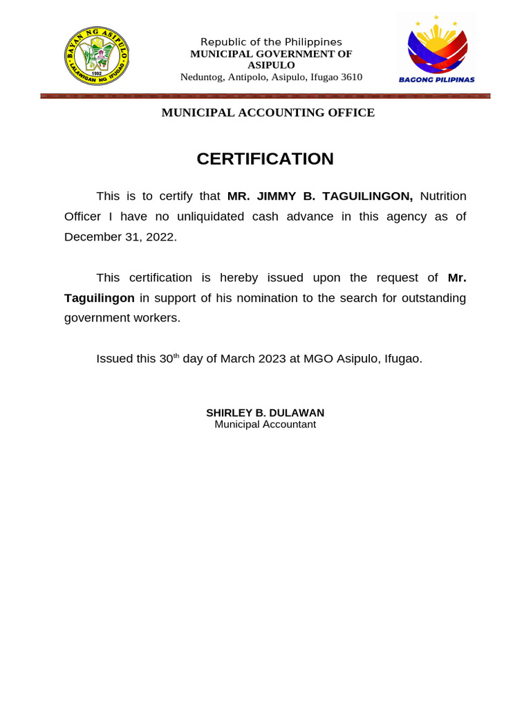 Certification of No Unliquidated Advances | PDF