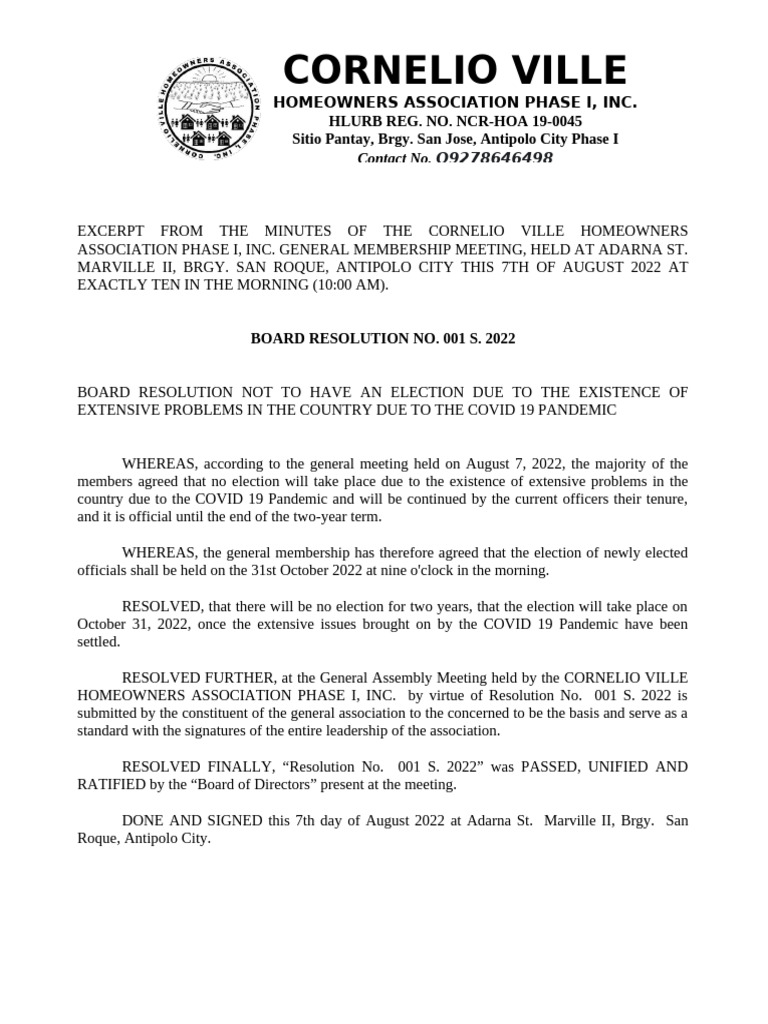 HOA Resolution on Election Postponement | PDF