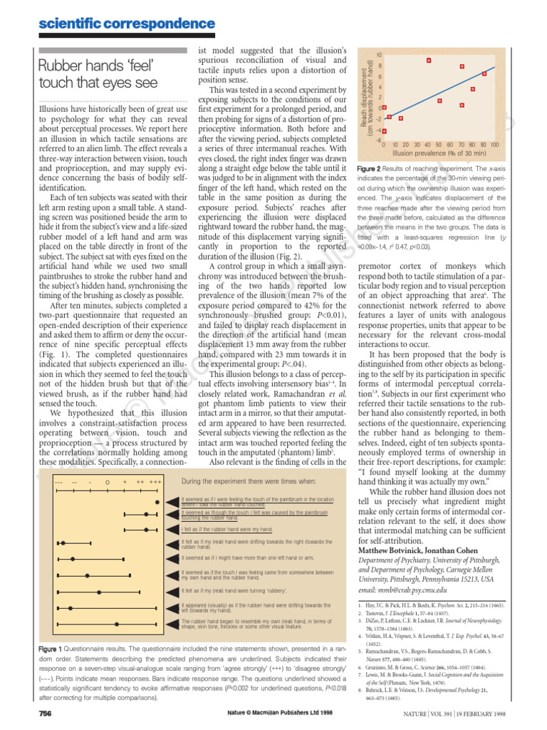 Rubber Hand Illusion Study 1998 | PDF | Illusion | Somatosensory System
