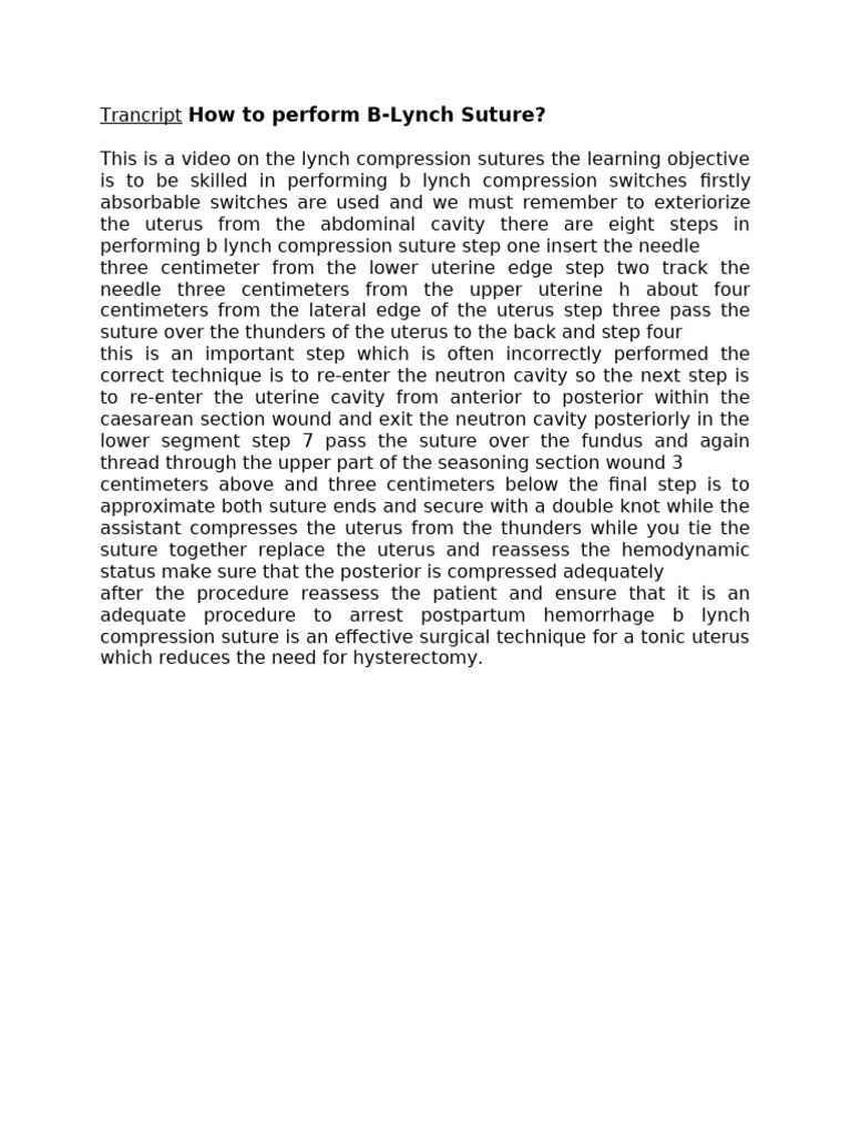 Trancript How To Perform B-Lynch Suture | PDF