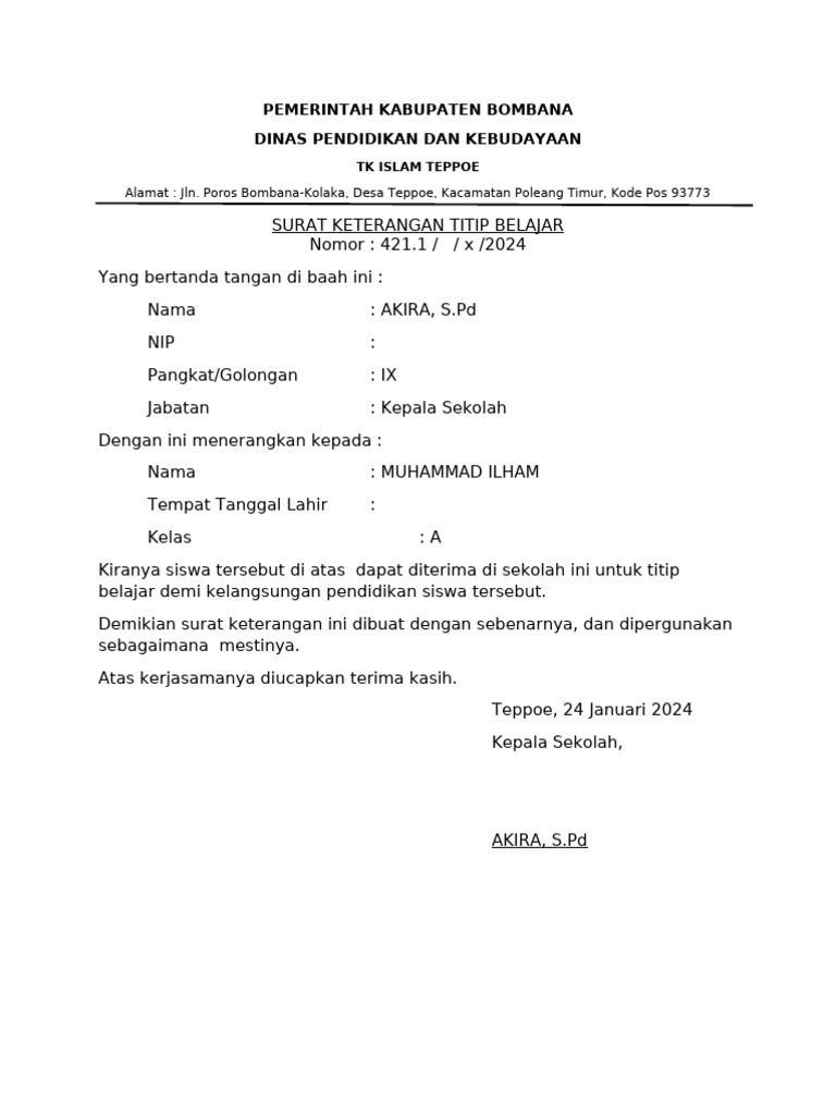 Surat Titip Sekolah 1 | PDF