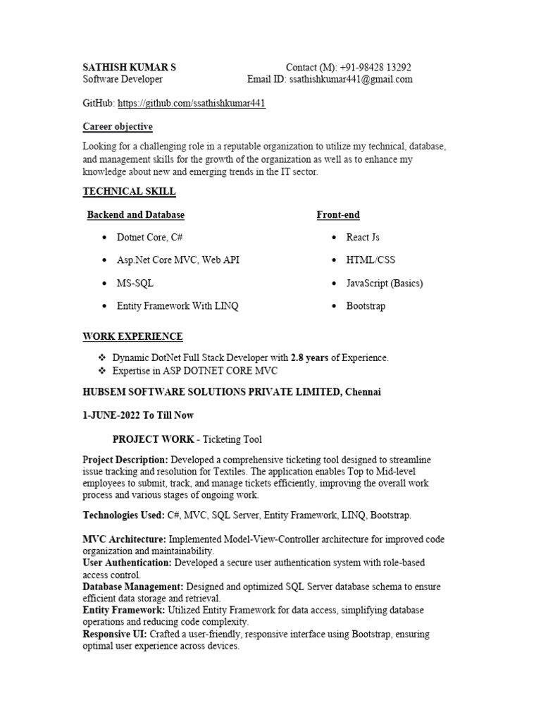 Sathish Kumar S - 2.8 Yrs - Dotnet Junior - Resume | PDF | Databases | Entity Framework