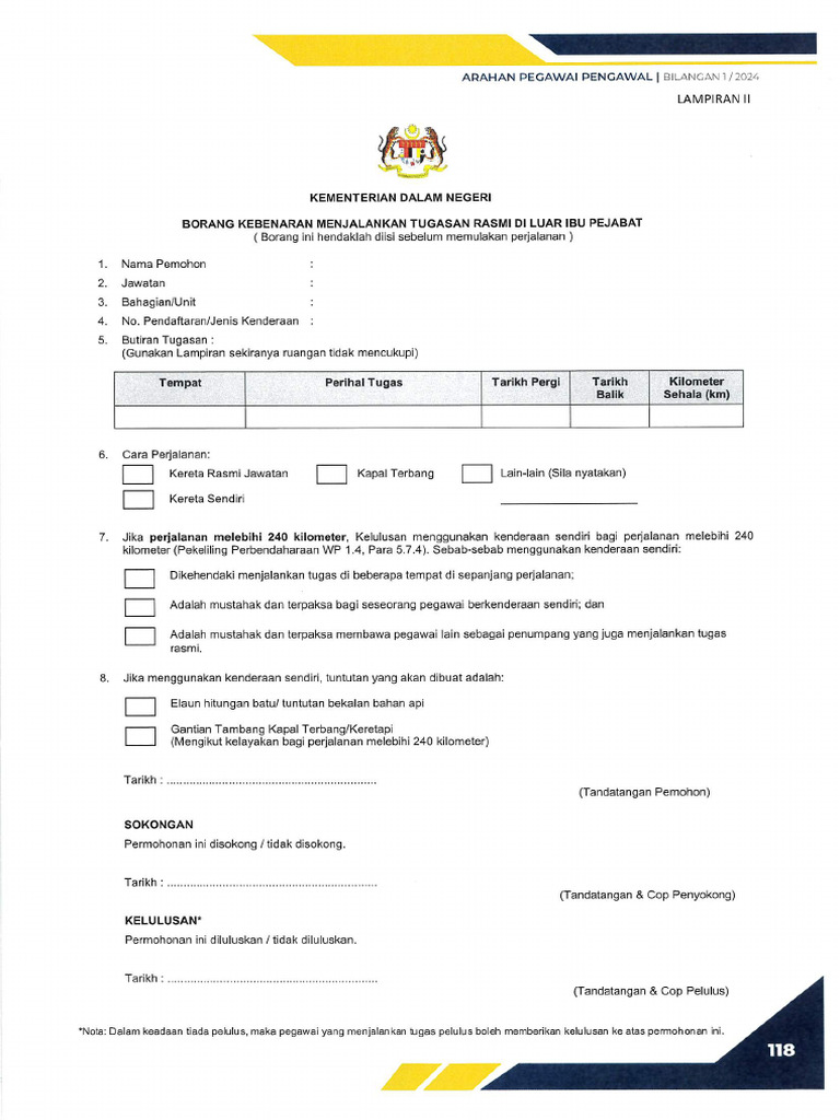 Borang Kebenaran Menjalankan Tugasan Rasmi Diluar Ibu Pejabat | PDF