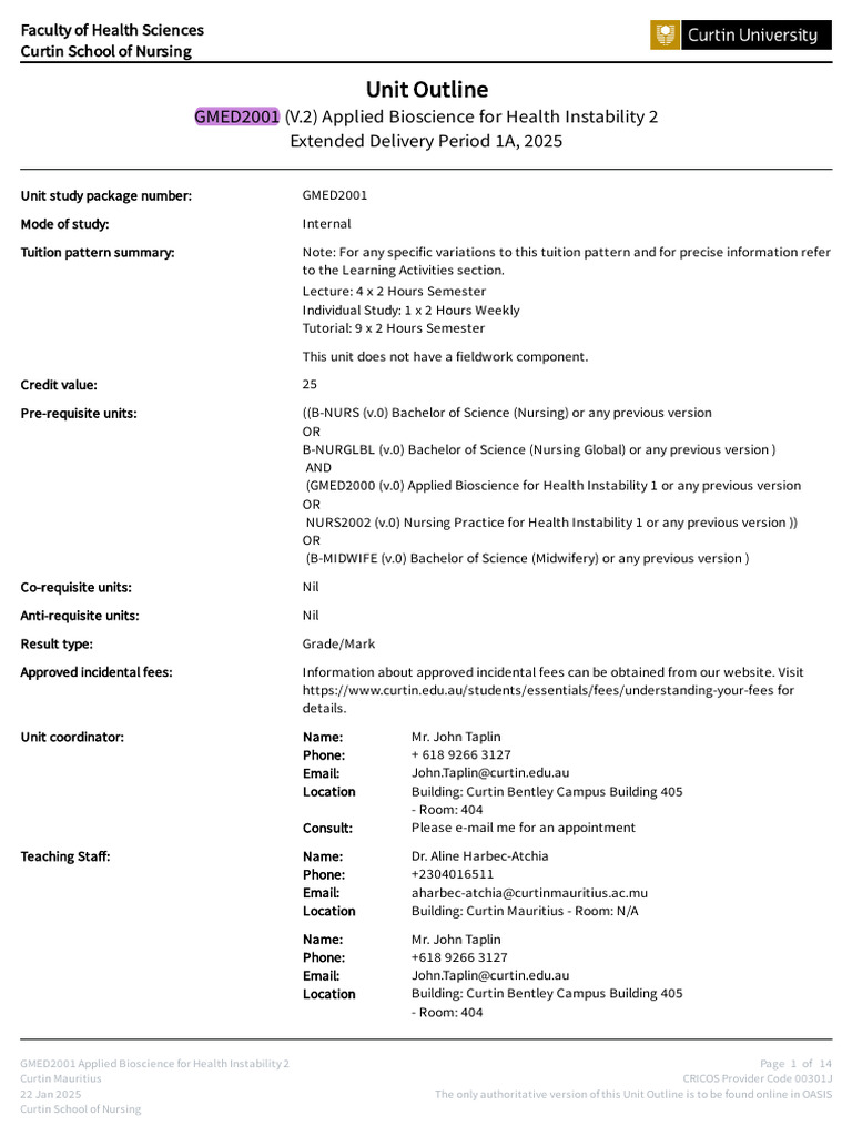 GMED2001 Applied Bioscience for Health Instability 2 Extended Delivery ...