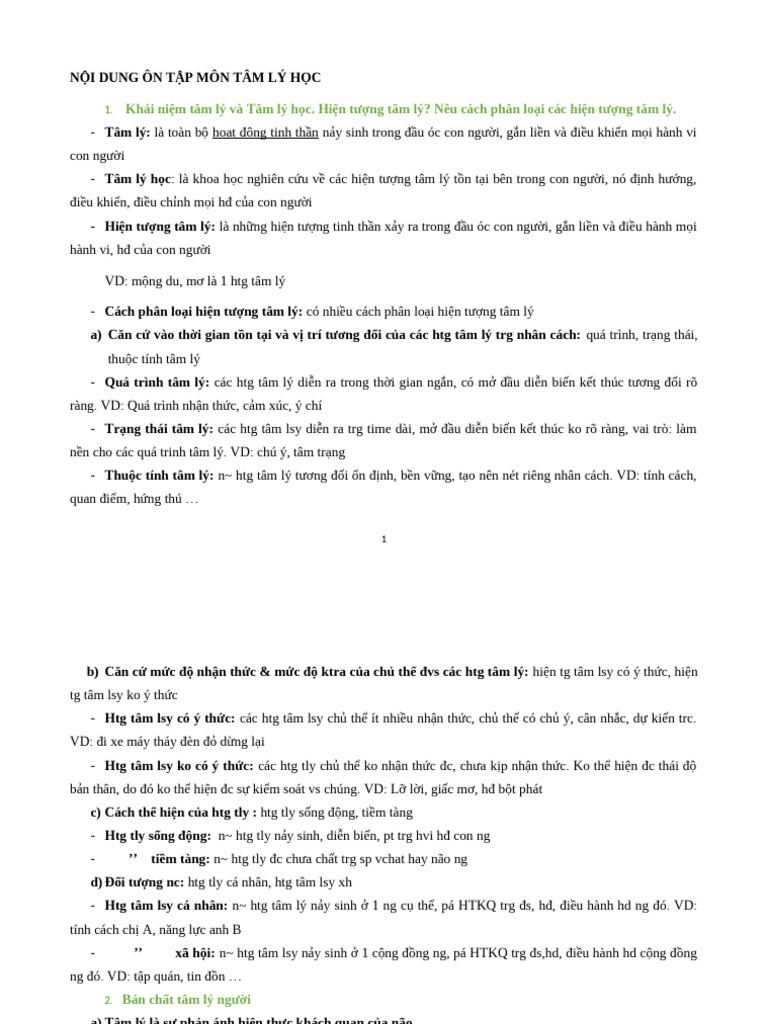 Các Vấn Đề Ôn Tập Môn TLH | PDF