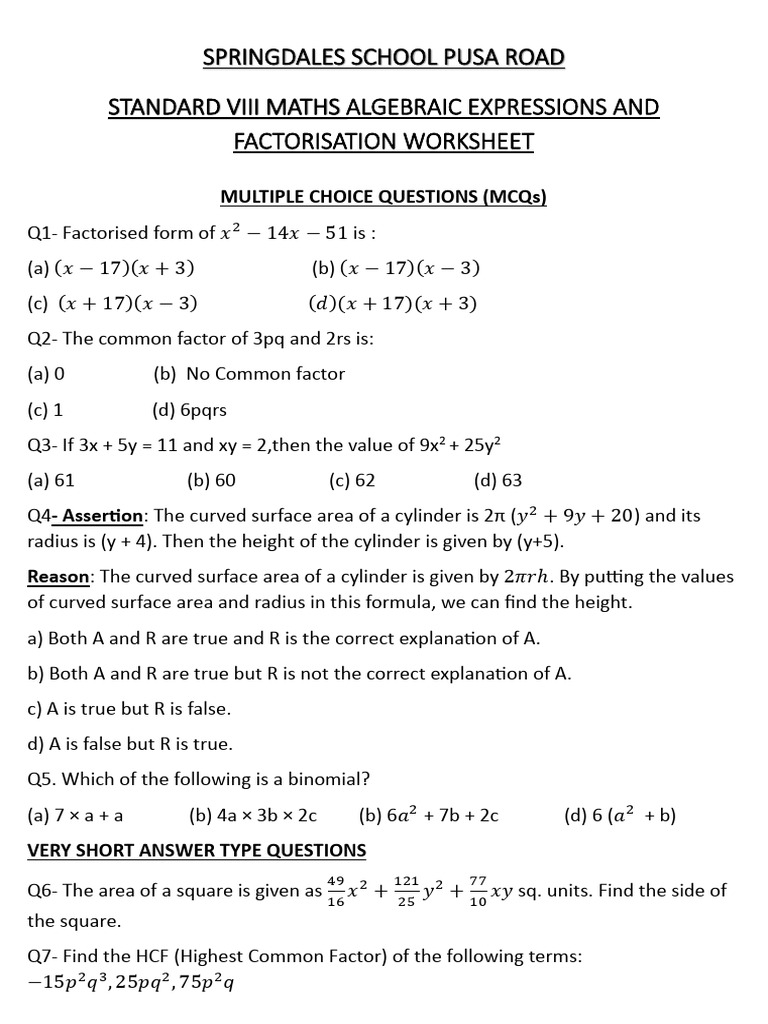 Algebraic Factorisation Worksheet 8th | PDF | Area | Factorization