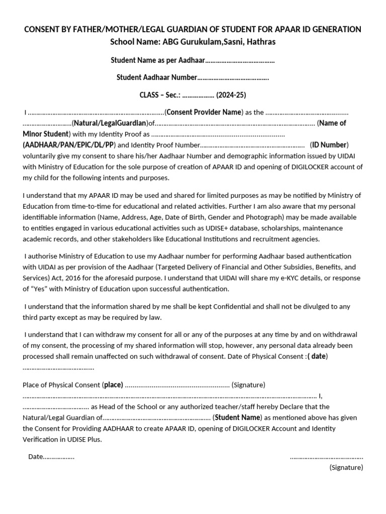 CONSENT FORM APAAR | PDF | Government And Personhood | Access Control