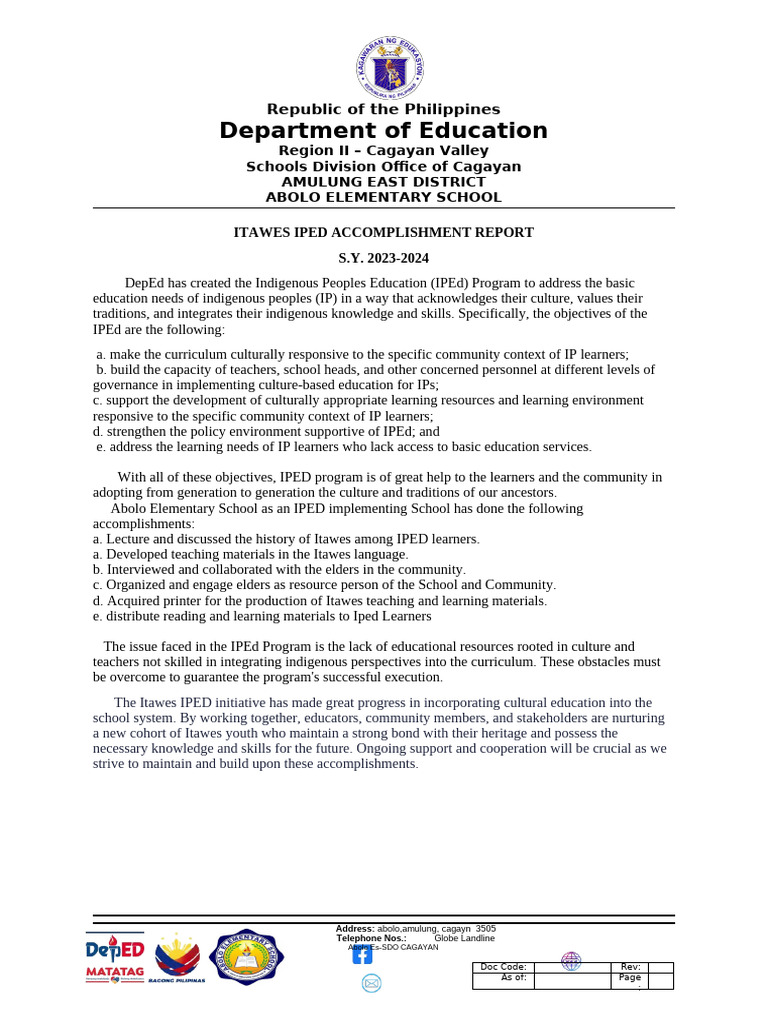 Abolo Es-Iped Accomplishment Report | PDF | Learning | Cognition