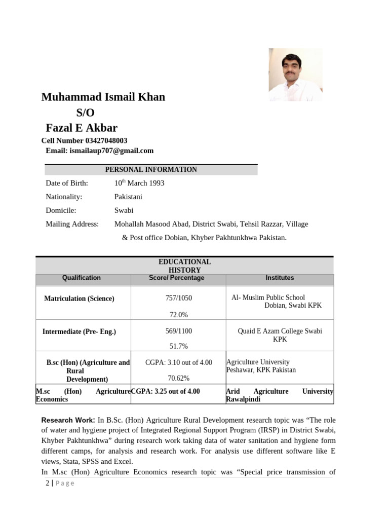 Muhammad Ismail Khan CV Pe | PDF | Khyber Pakhtunkhwa | Agriculture