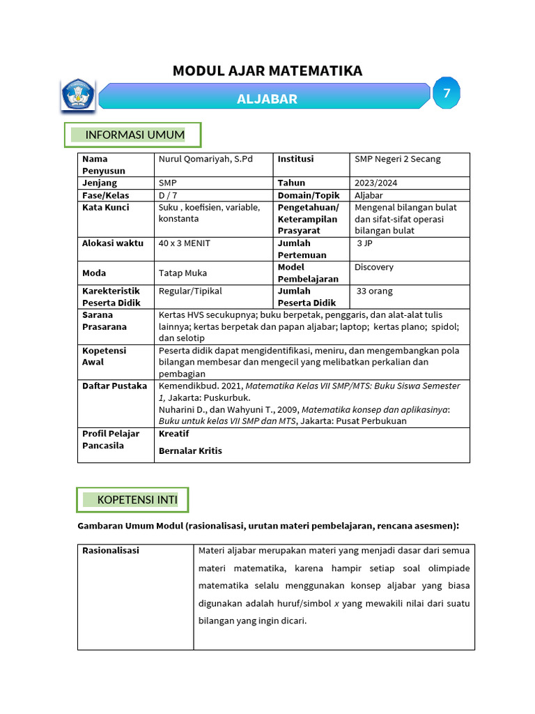 Modul Ajar Aljabar Kelas 7 SMP | PDF