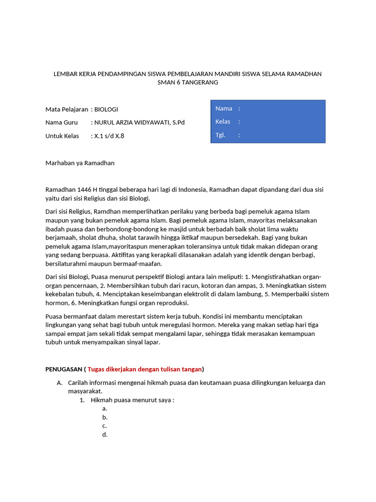 LK Pendampingan Siswa Pembelajaran Mandiri Siswa Selama Ramadhan Sman 6 Tangerang | PDF