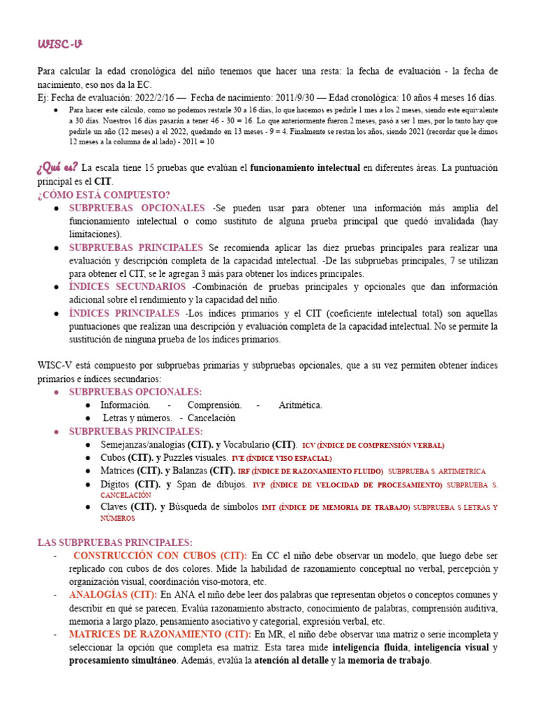 WISC - V Resumen | PDF | Memoria de trabajo | Memoria