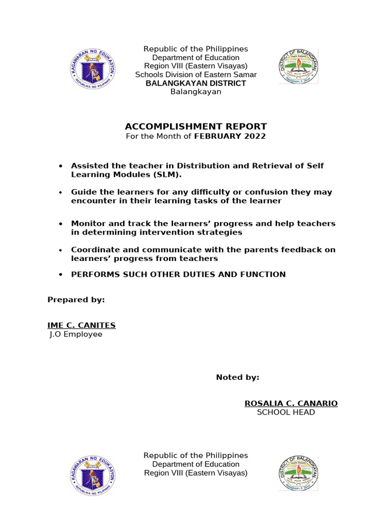 Accomplishment Report | PDF | Learning | Cognition