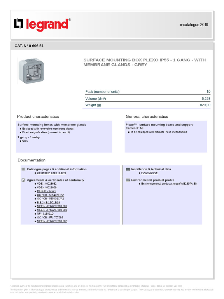 Surface Mounting Box Plexo IP55 - 1 Gang - With Membrane Glands - Grey | PDF