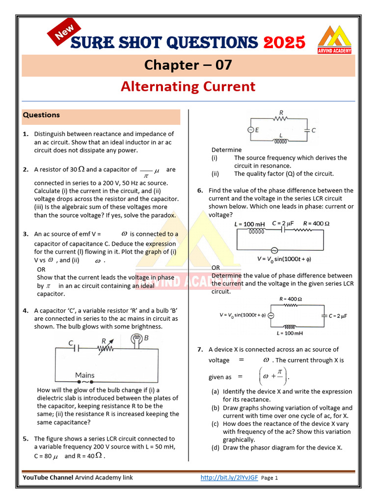 Question Chap 7 Alternating Current | PDF | Electrical Impedance | Capacitor